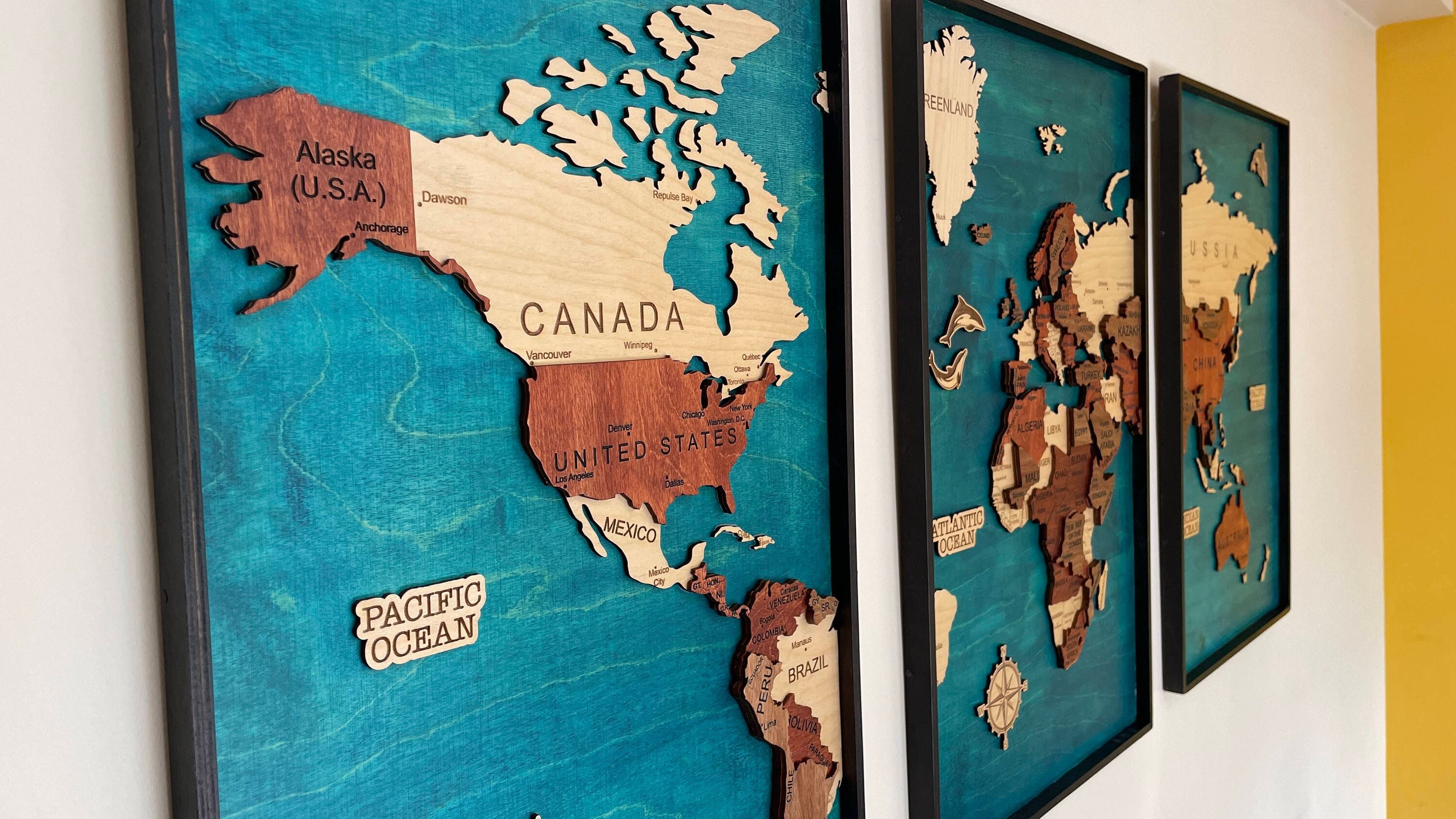 3 Frames World Map Wall Décor Framed Wall Hanging for Office, Home ...