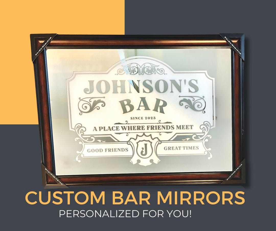 Personalized Bar Mirror Etched Glass Framed Custom Bar Mirror Your Name ...