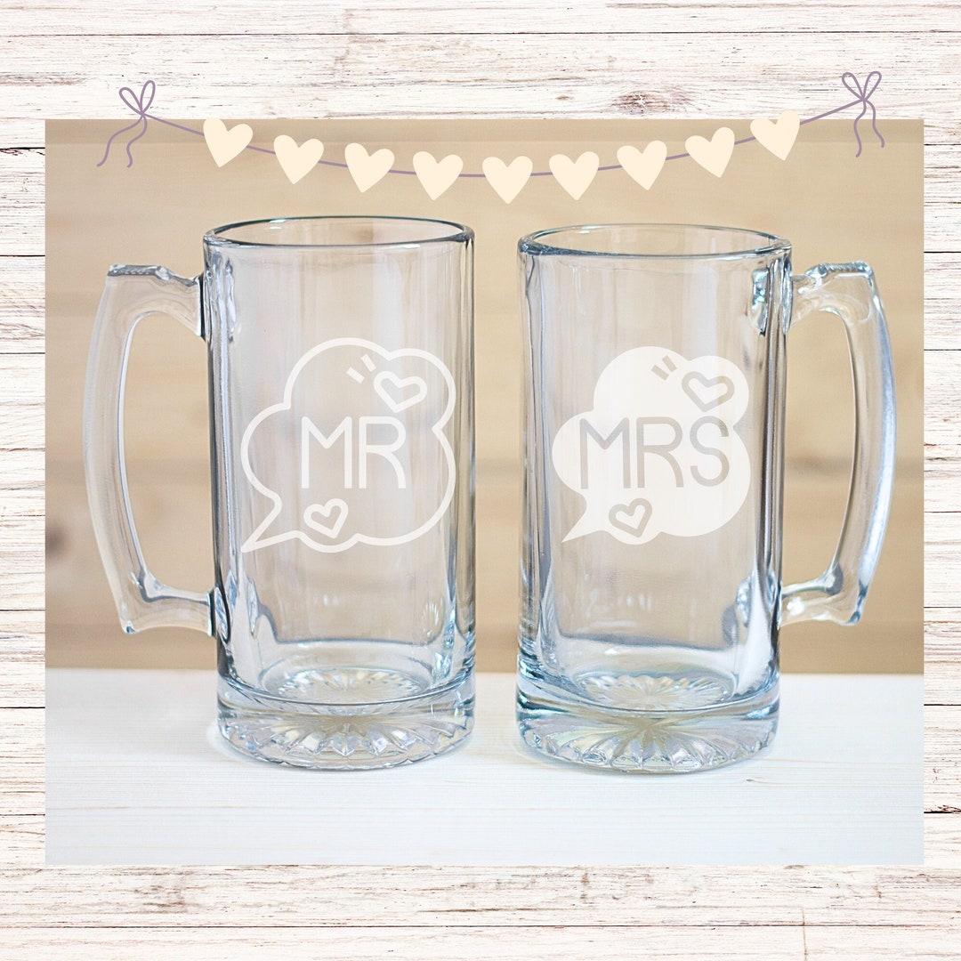 Etched Glass Beer Mug Set – 16oz Wedding & Anniversary Gift, Engagement ...