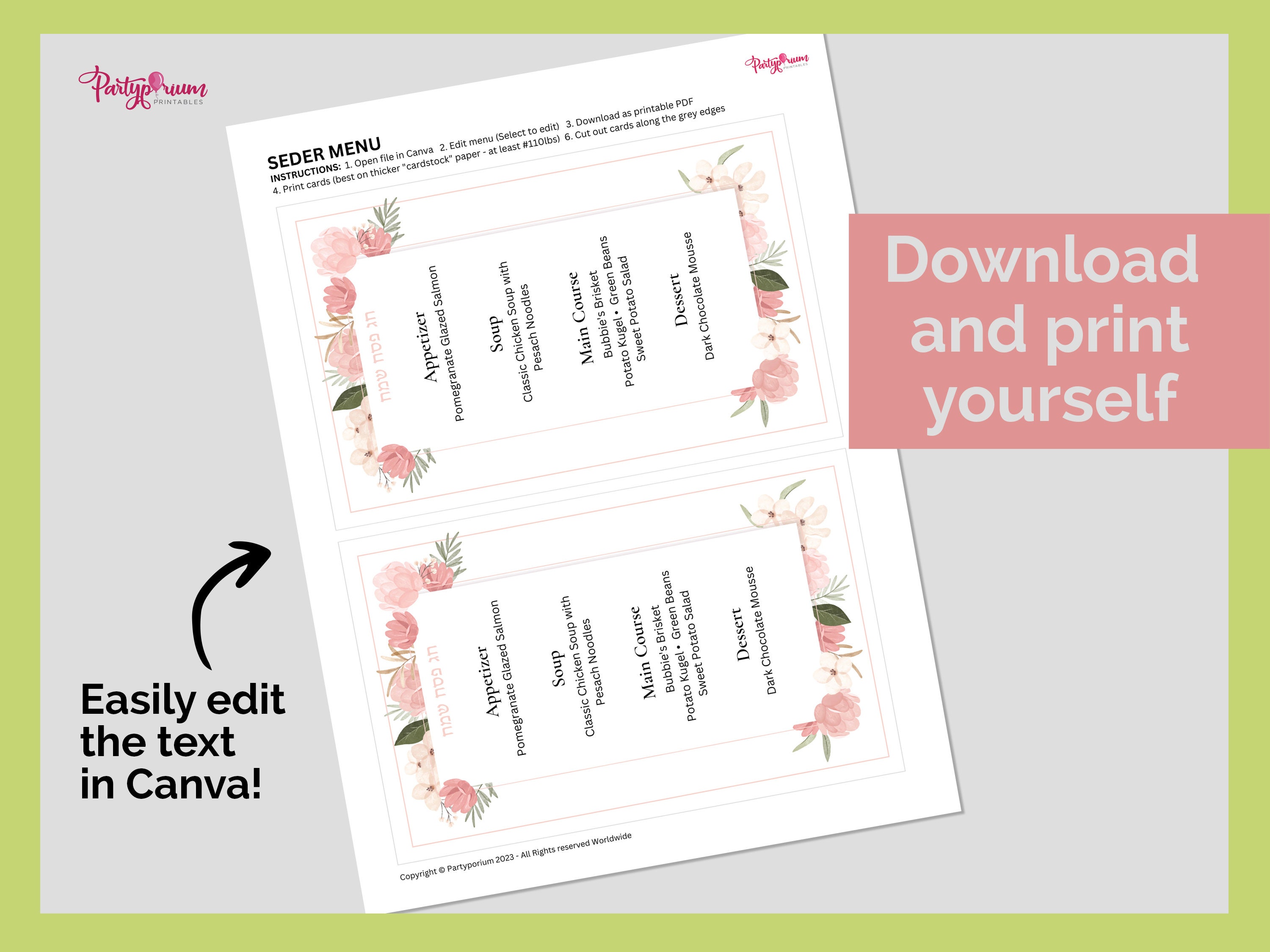 Printable Editable DIY Lovely Pink Floral Watercolor Pesach Menu ...