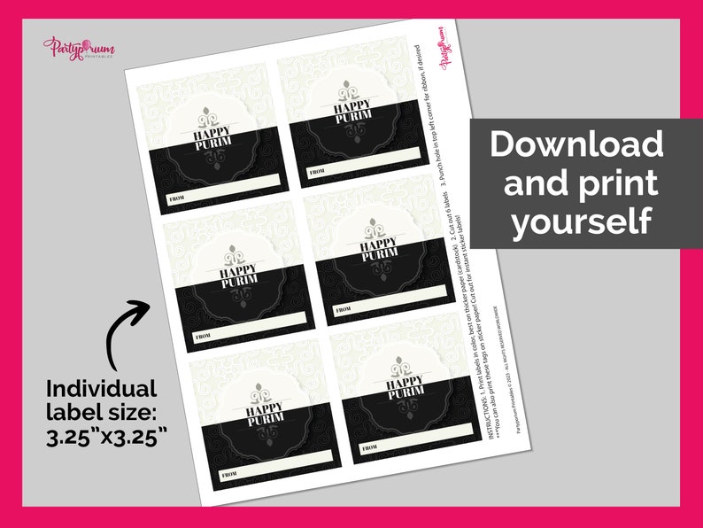Printable DIY Elegant Black and White Theme Mishloach Manot Tags, Purim ...