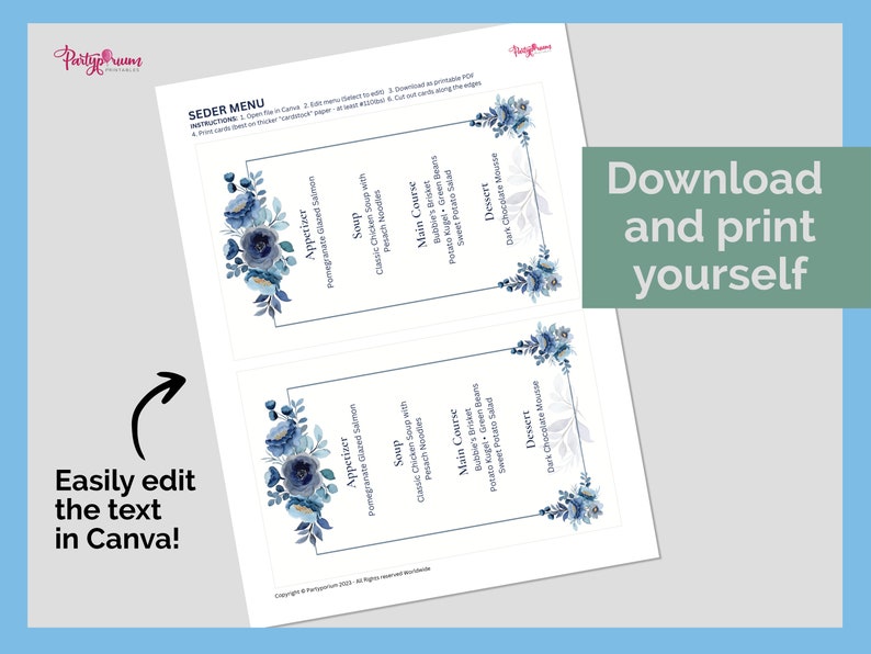 Printable Editable | DIY Beautiful Blue Floral Watercolor Pesach ...