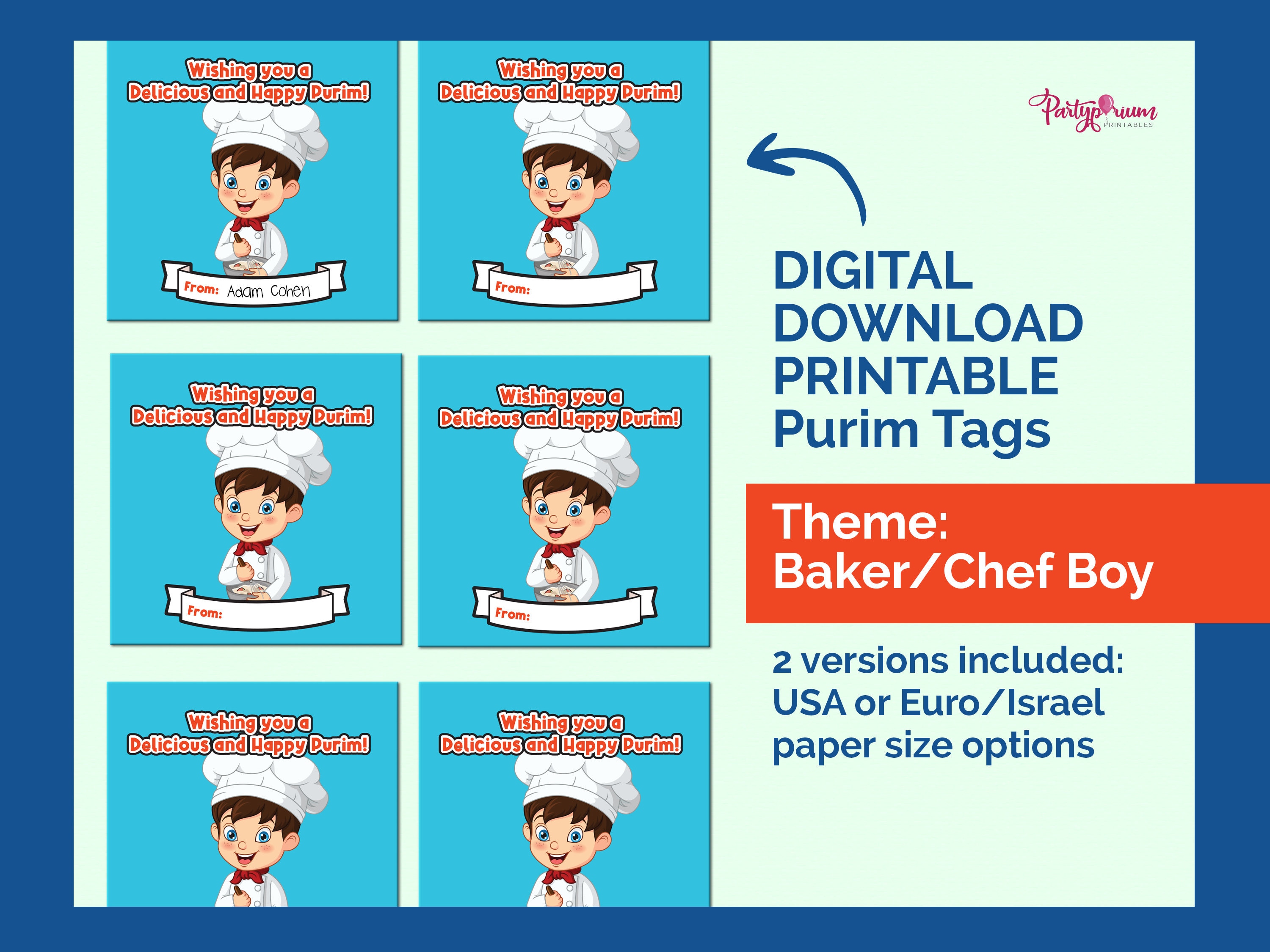 Printable DIY Chef/baker Boy Theme Mishloach Manot Tags, Purim Gift ...