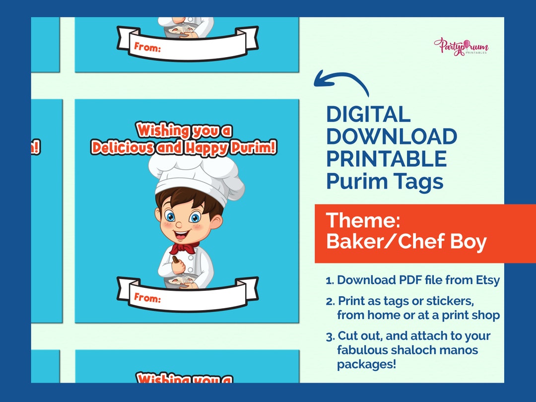 Printable DIY Chef/baker Boy Theme Mishloach Manot Tags, Purim Gift ...