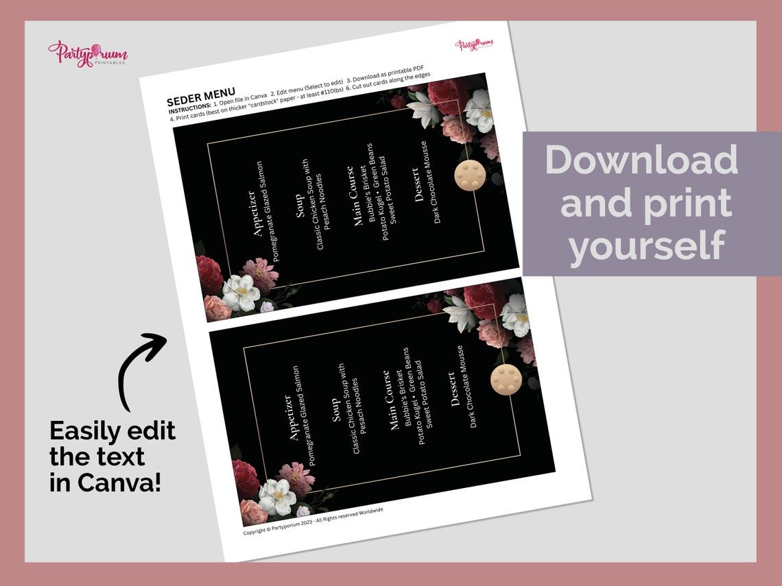 Printable, Editable | DIY Stunning Dark Floral Marble Pesach Passover ...