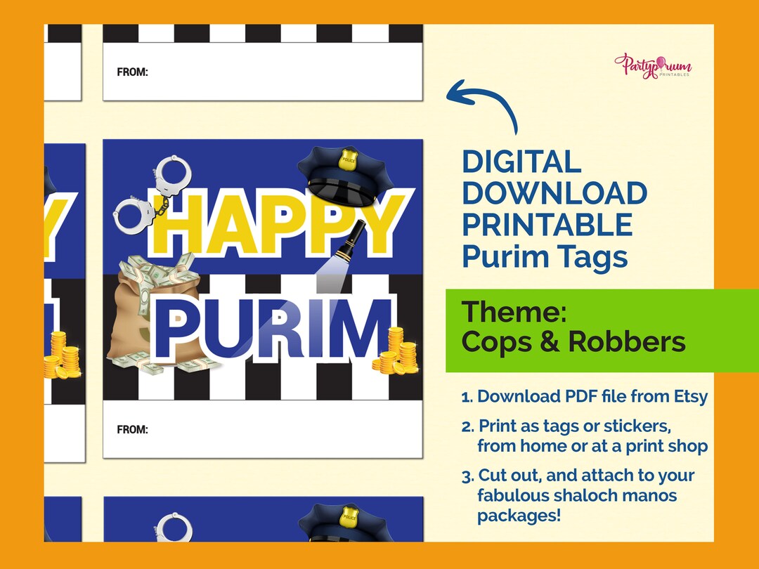 Printable DIY Cops and Robbers Theme Mishloach Manot Tags, Purim Gift ...