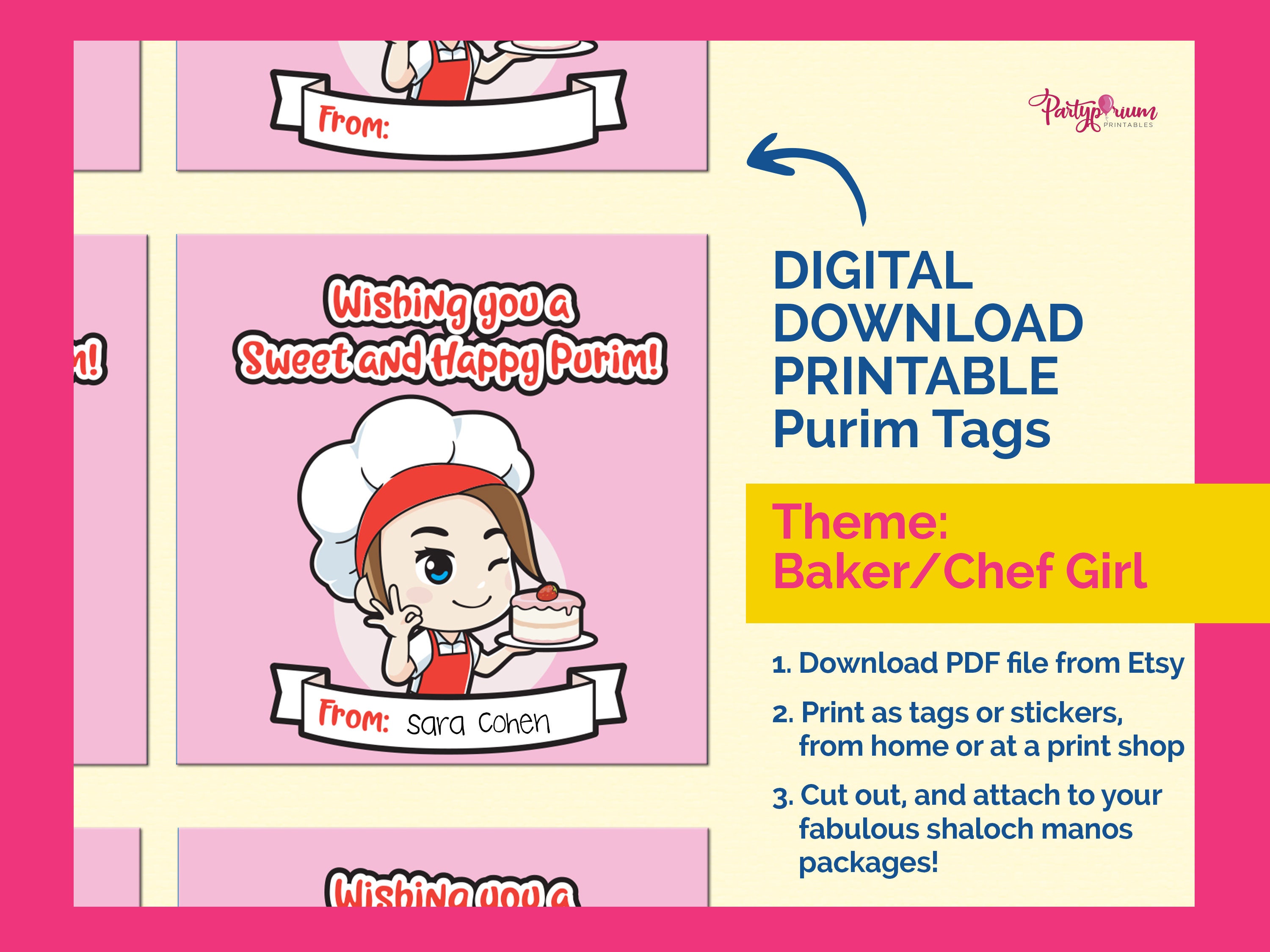 Printable DIY Baker Girl Theme Mishloach Manot Tags, Purim Gift, Purim ...