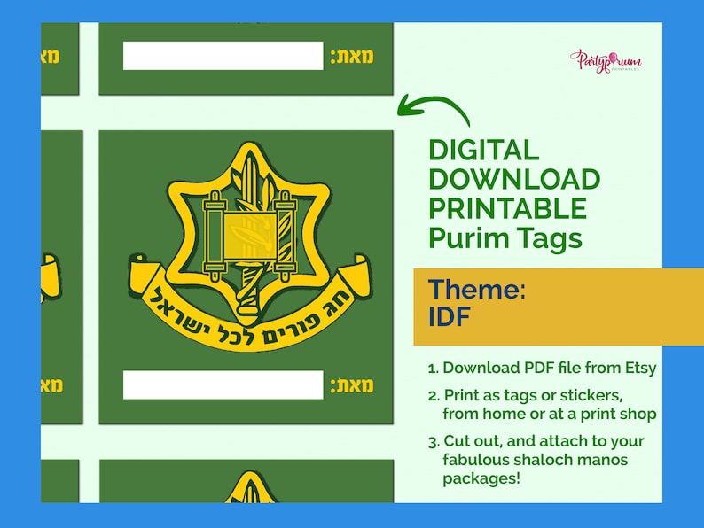 Printable DIY Israel IDF Theme Mishloach Manot Tags, Purim Gift, Purim ...
