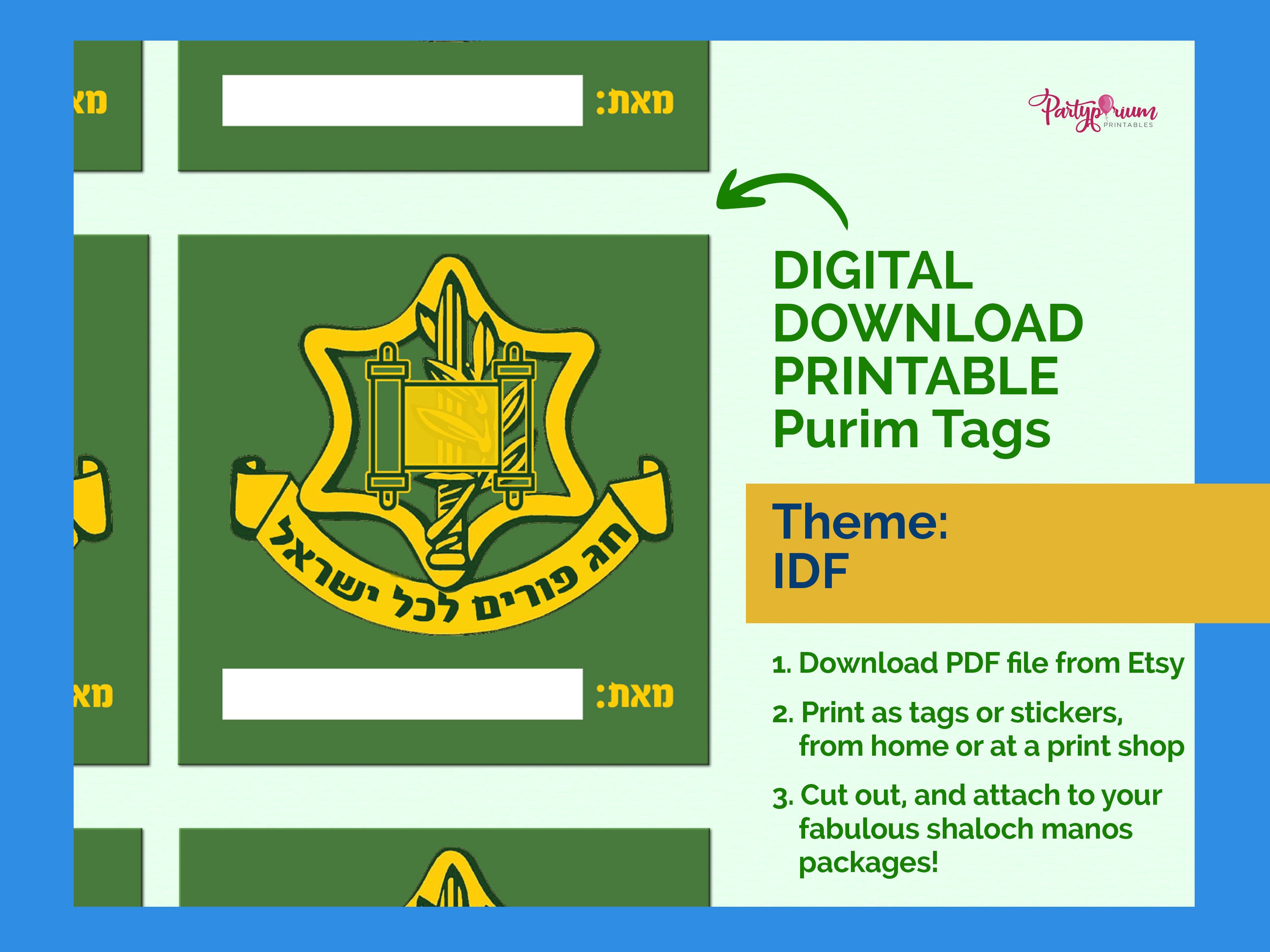 Printable DIY Israel IDF Theme Mishloach Manot Tags, Purim Gift, Purim ...