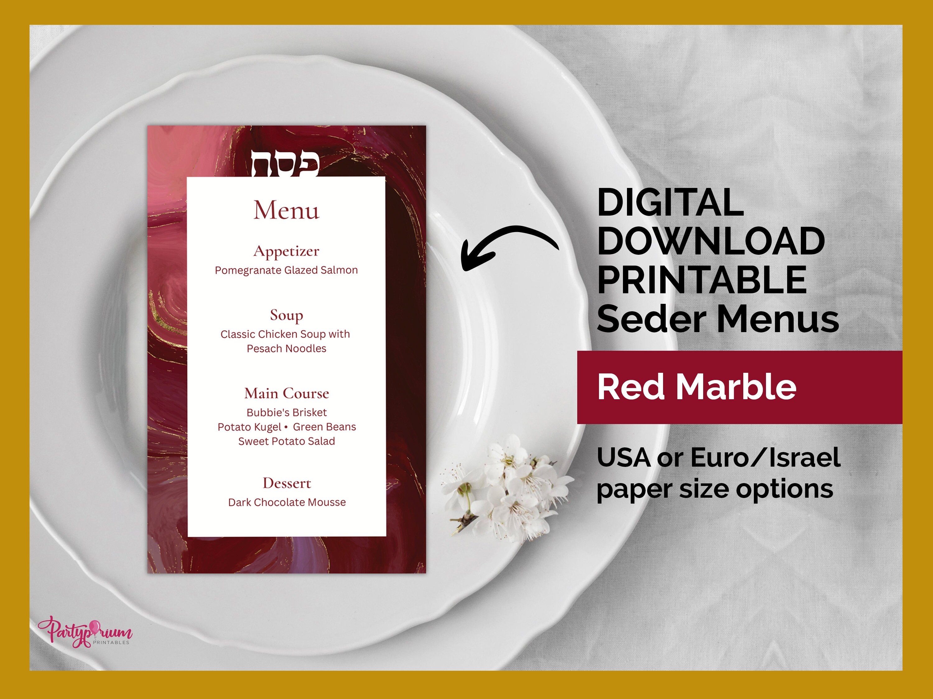 Printable | Editable | DIY Gorgeous Red and Gold Wine Marble Passover ...