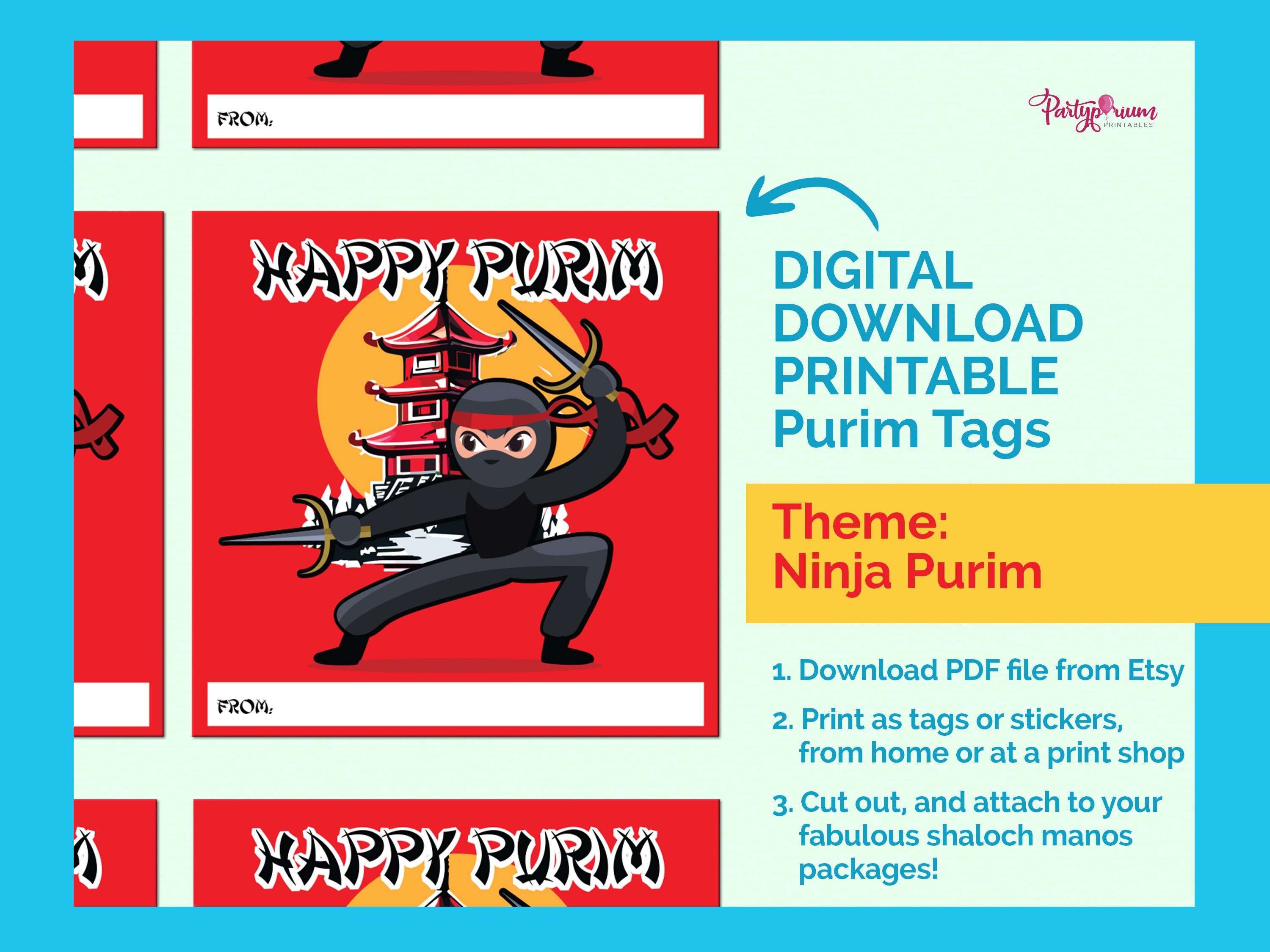 Printable DIY Ninja Theme Mishloach Manot Tags, Purim Gift, Purim ...