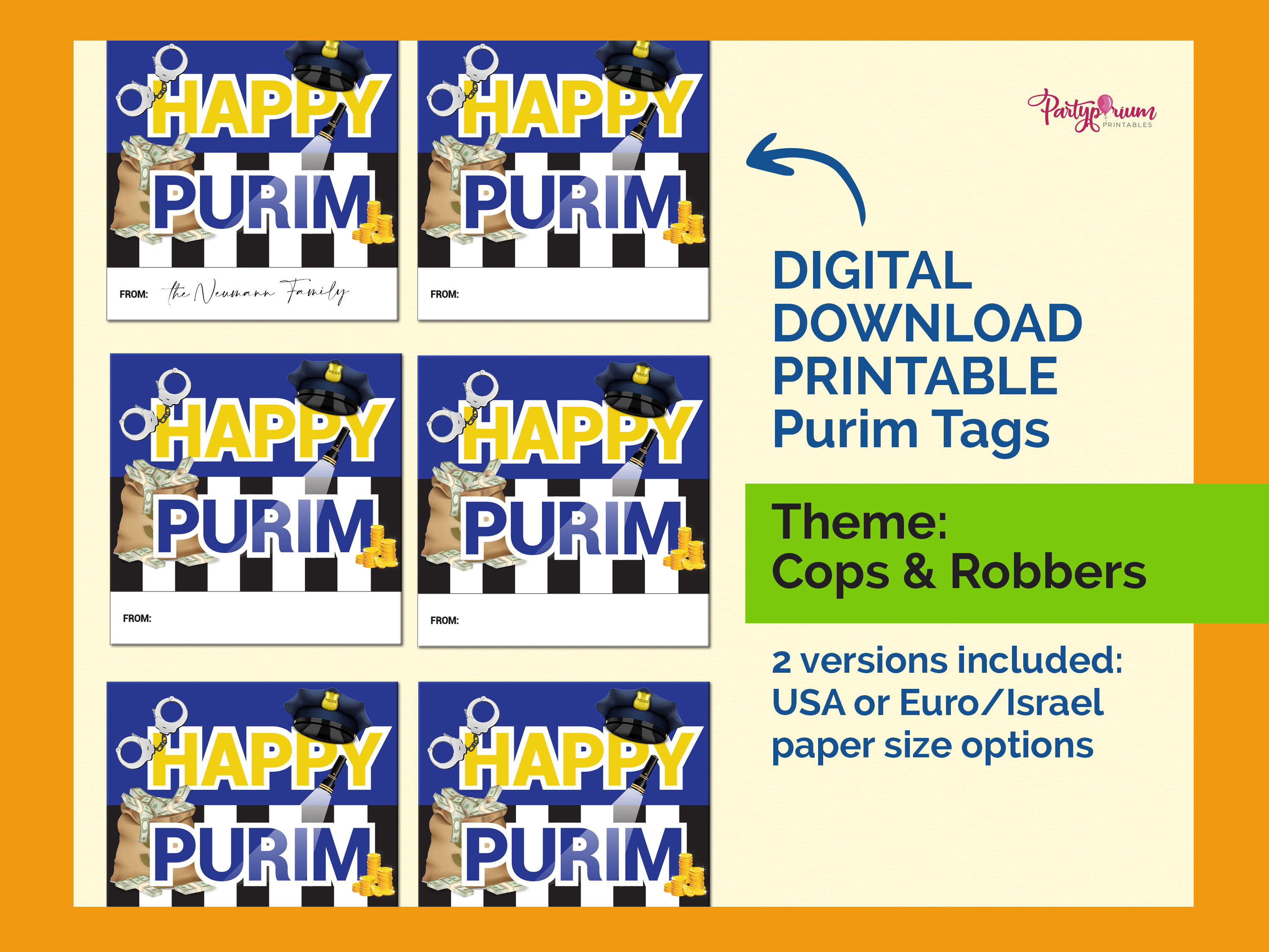 Printable DIY Cops and Robbers Theme Mishloach Manot Tags, Purim Gift ...