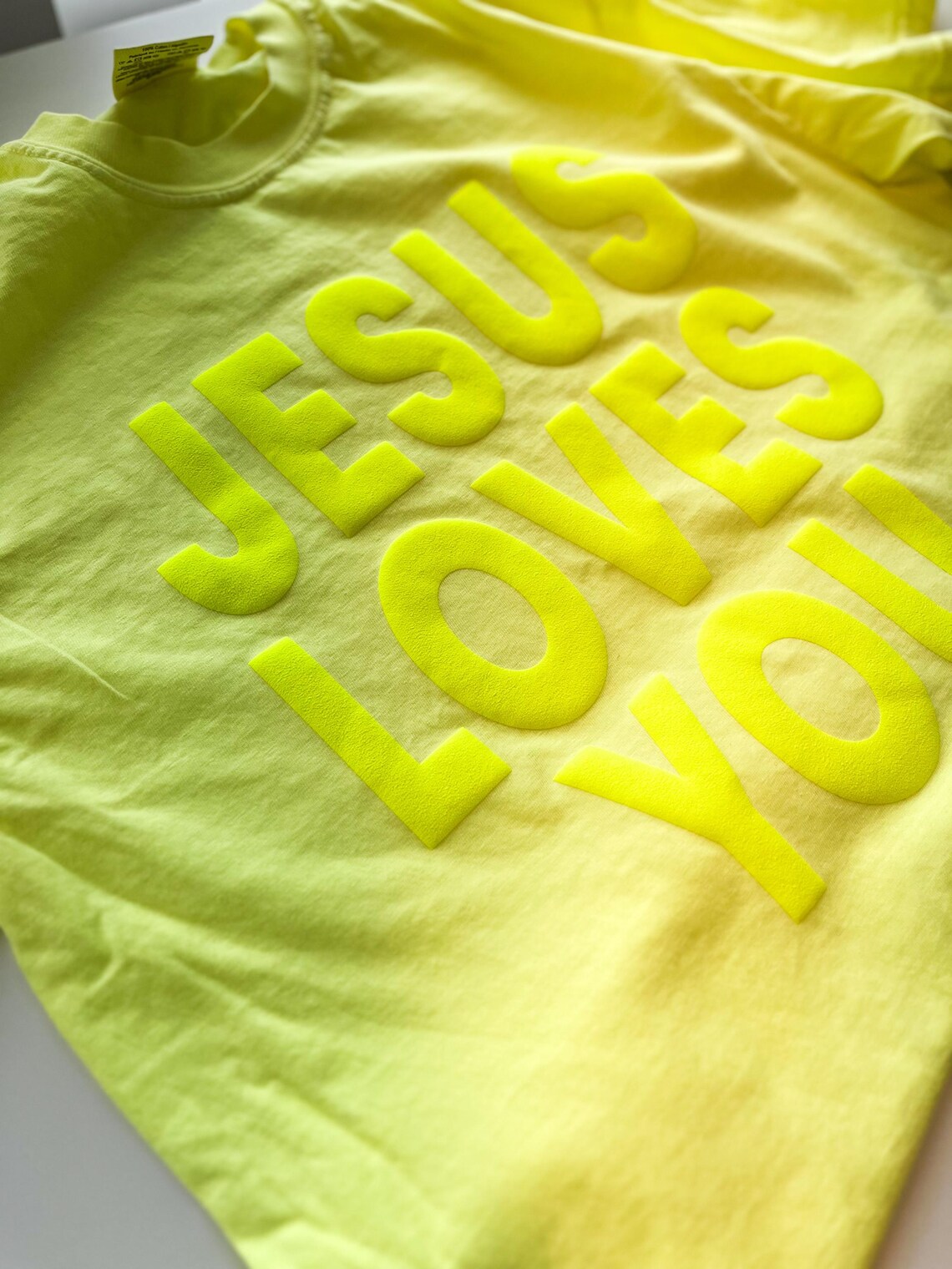 Comfort Colors NEON YELLOW Puff Jesus Loves You T-shirt - Etsy