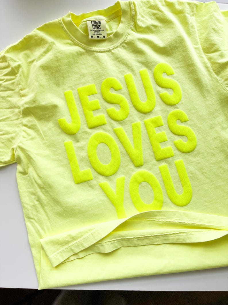 Comfort Colors NEON YELLOW Puff Jesus Loves You T-shirt - Etsy