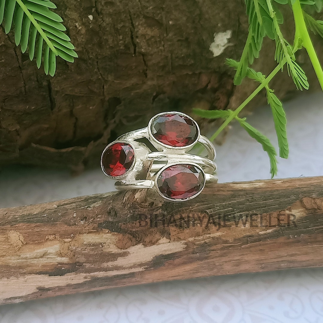 Garnet Ring, Triple Gemstone Ring, Sterling Silver Statement Ring ...