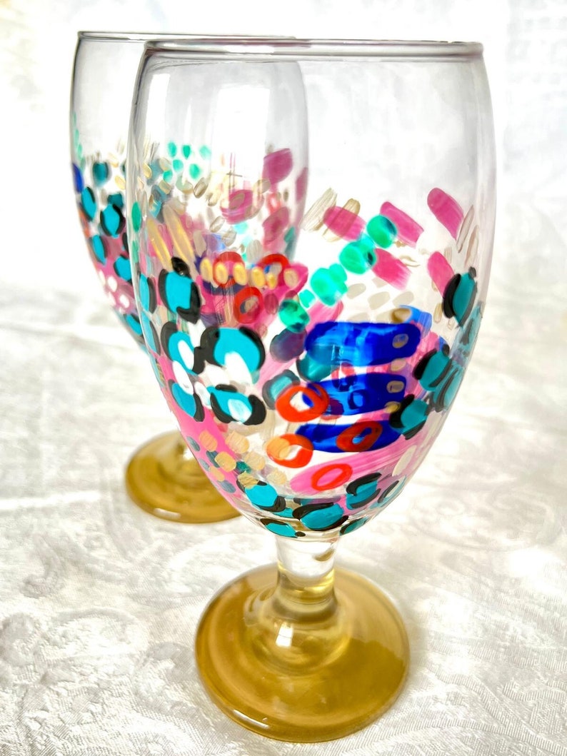 16.25oz Abstract Painting Glass Water Goblets, Colorful Hand Painted ...