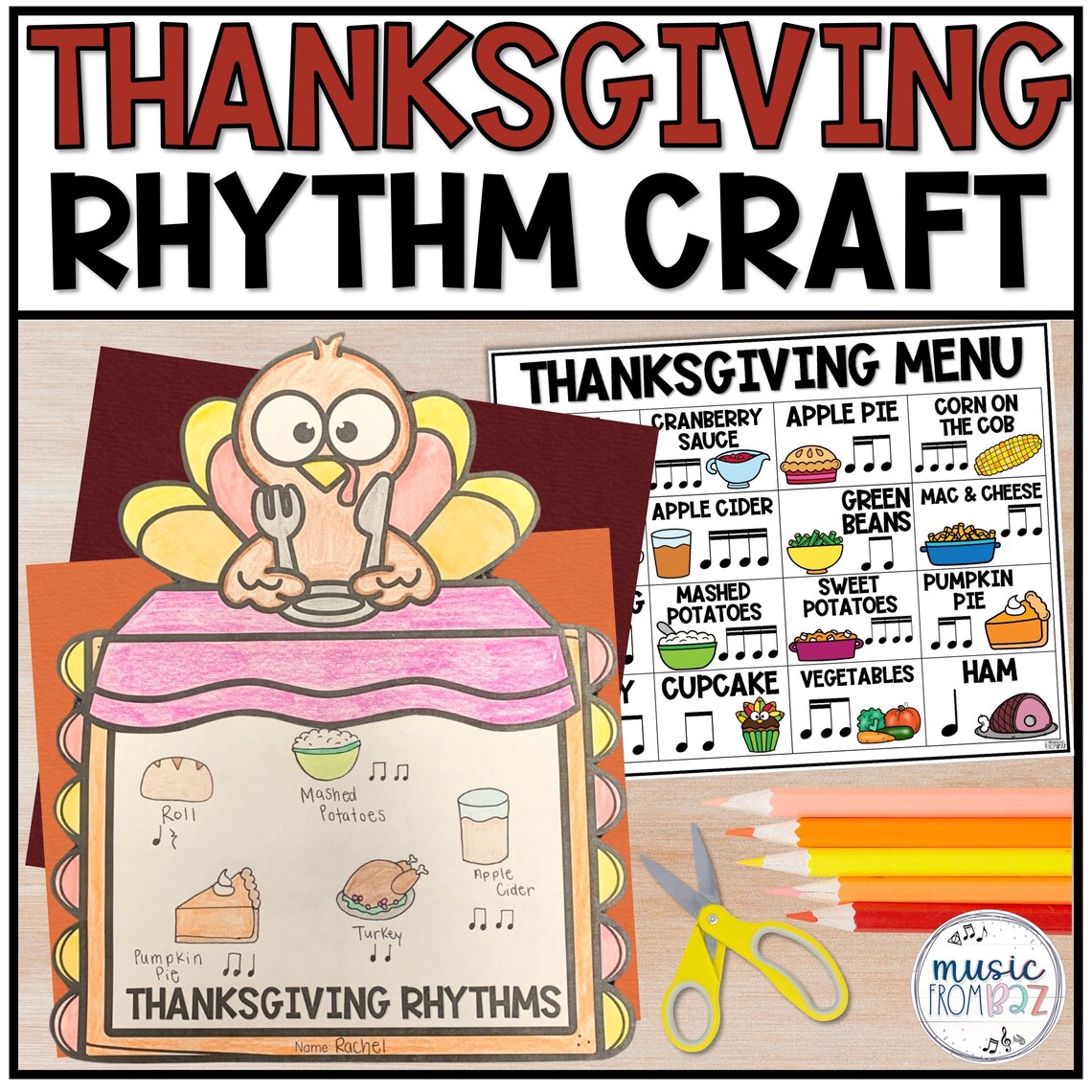 Thanksgiving Music Activity Rhythm Lesson & Craft Elementary Music ...