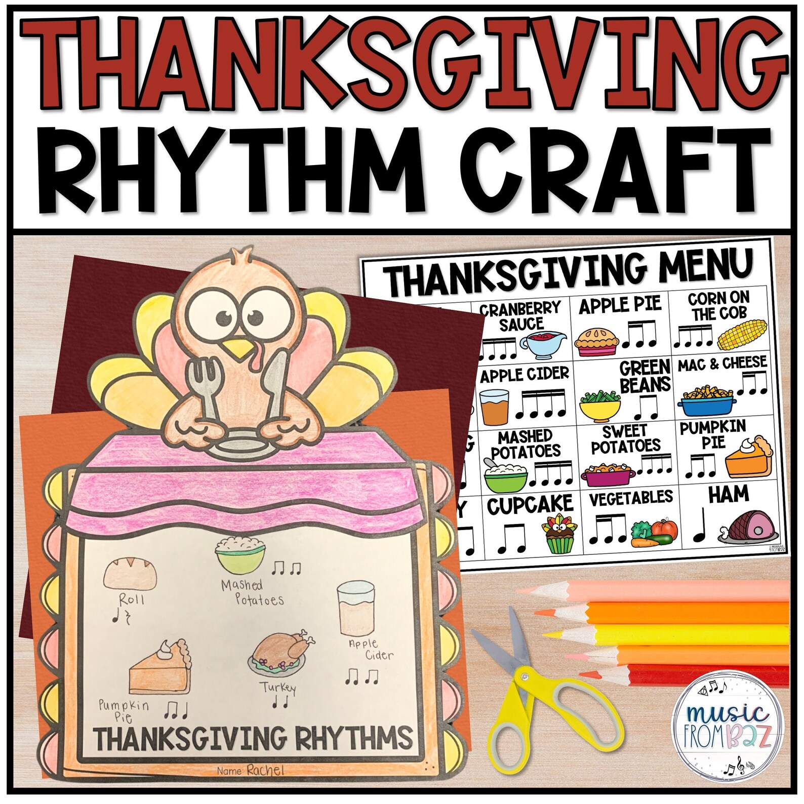 Thanksgiving Music Activity Rhythm Lesson & Craft Elementary Music ...