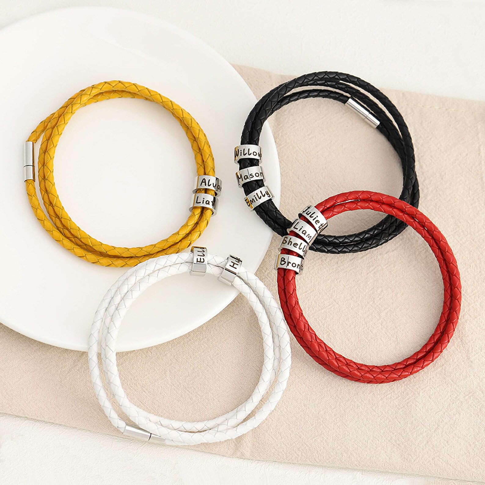 Personalized Black Braid Leather Bracelets With 2-9 Kids Name Engraved ...
