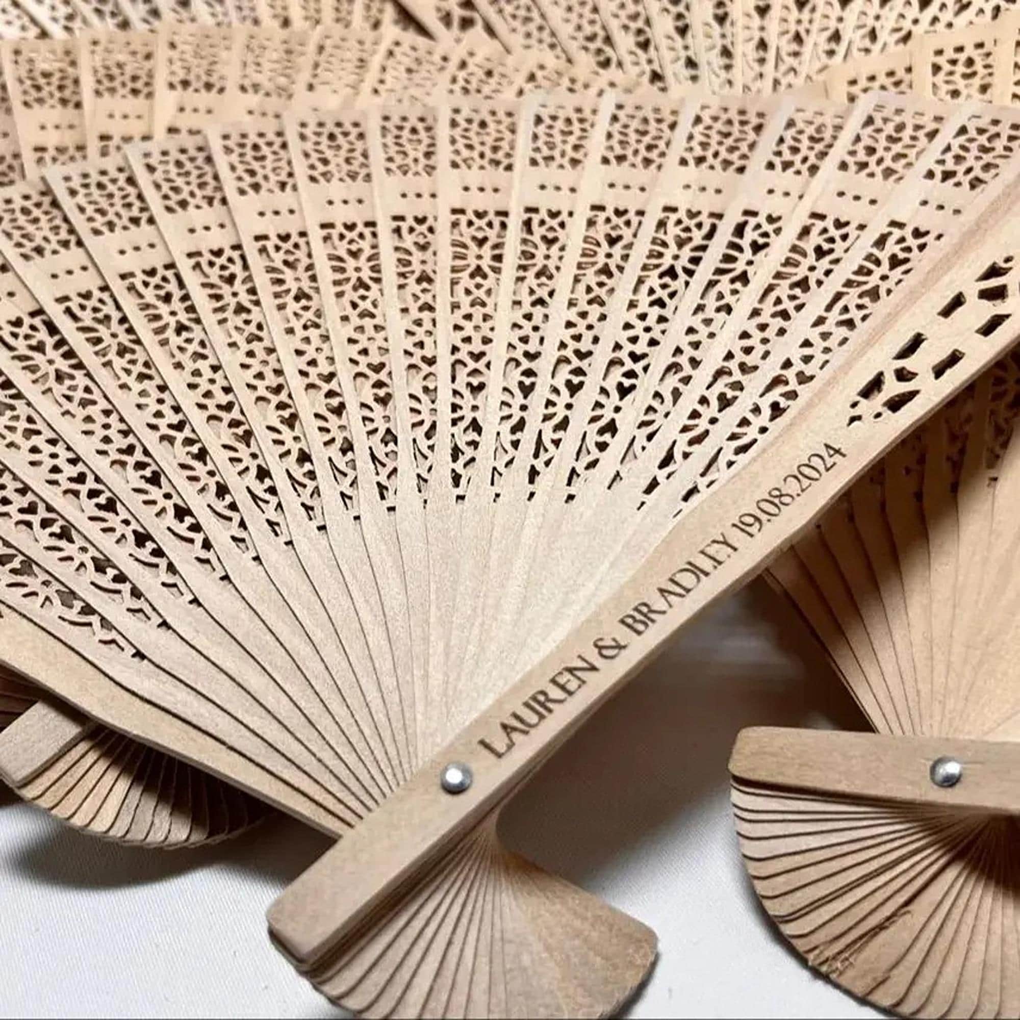 Rustic Hand Fan for Wedding, Engraved Sandalwood, Personalized Wooden ...