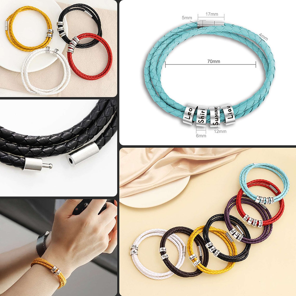 Personalized Black Braid Leather Bracelets With 2-9 Kids Name Engraved ...