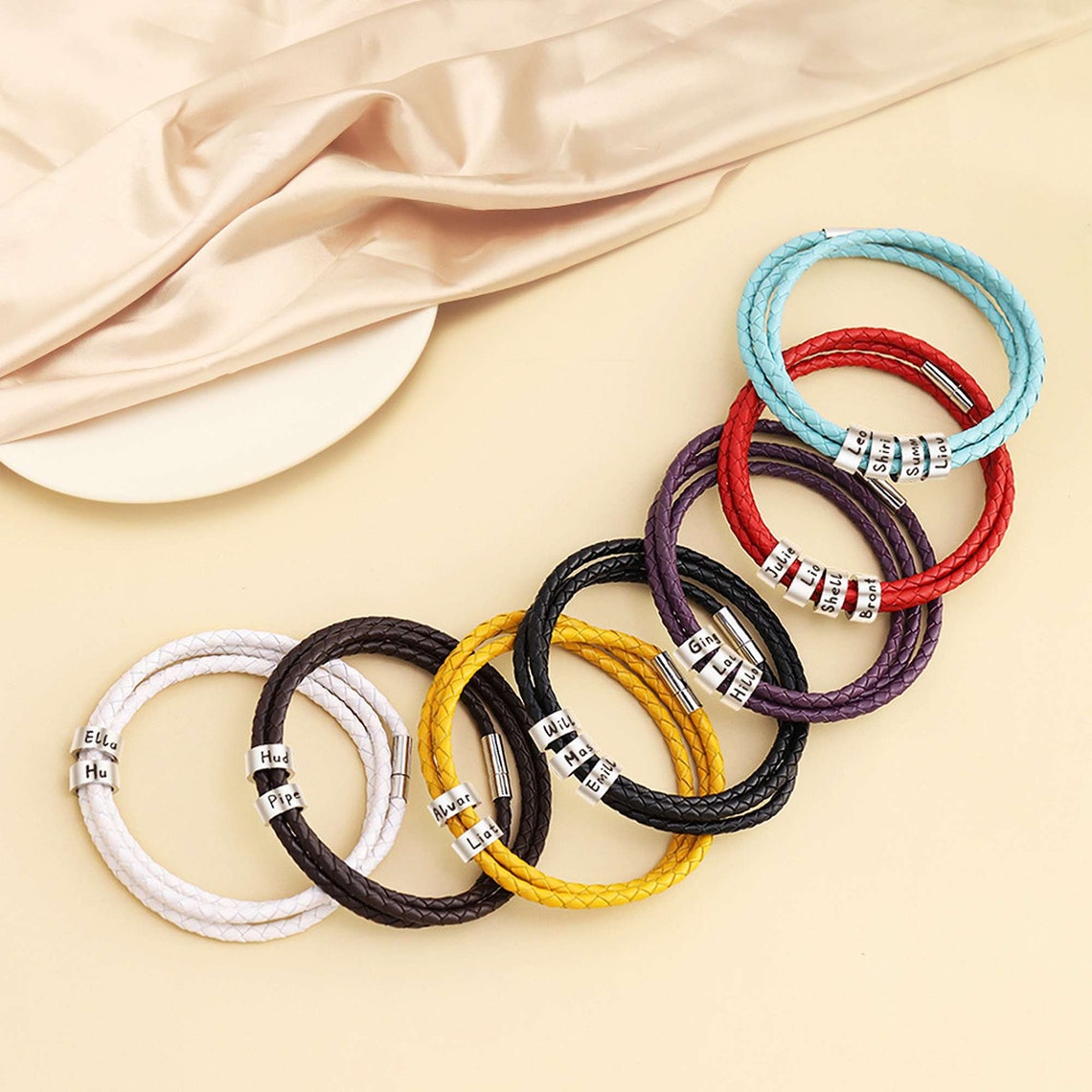 Personalized Black Braid Leather Bracelets With 2-9 Kids Name Engraved ...