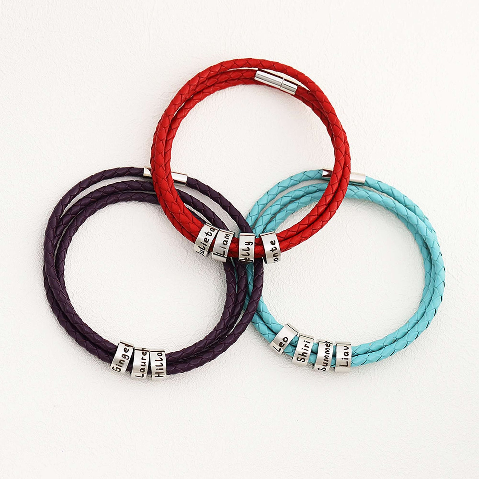 Personalized Black Braid Leather Bracelets With 2-9 Kids Name Engraved ...