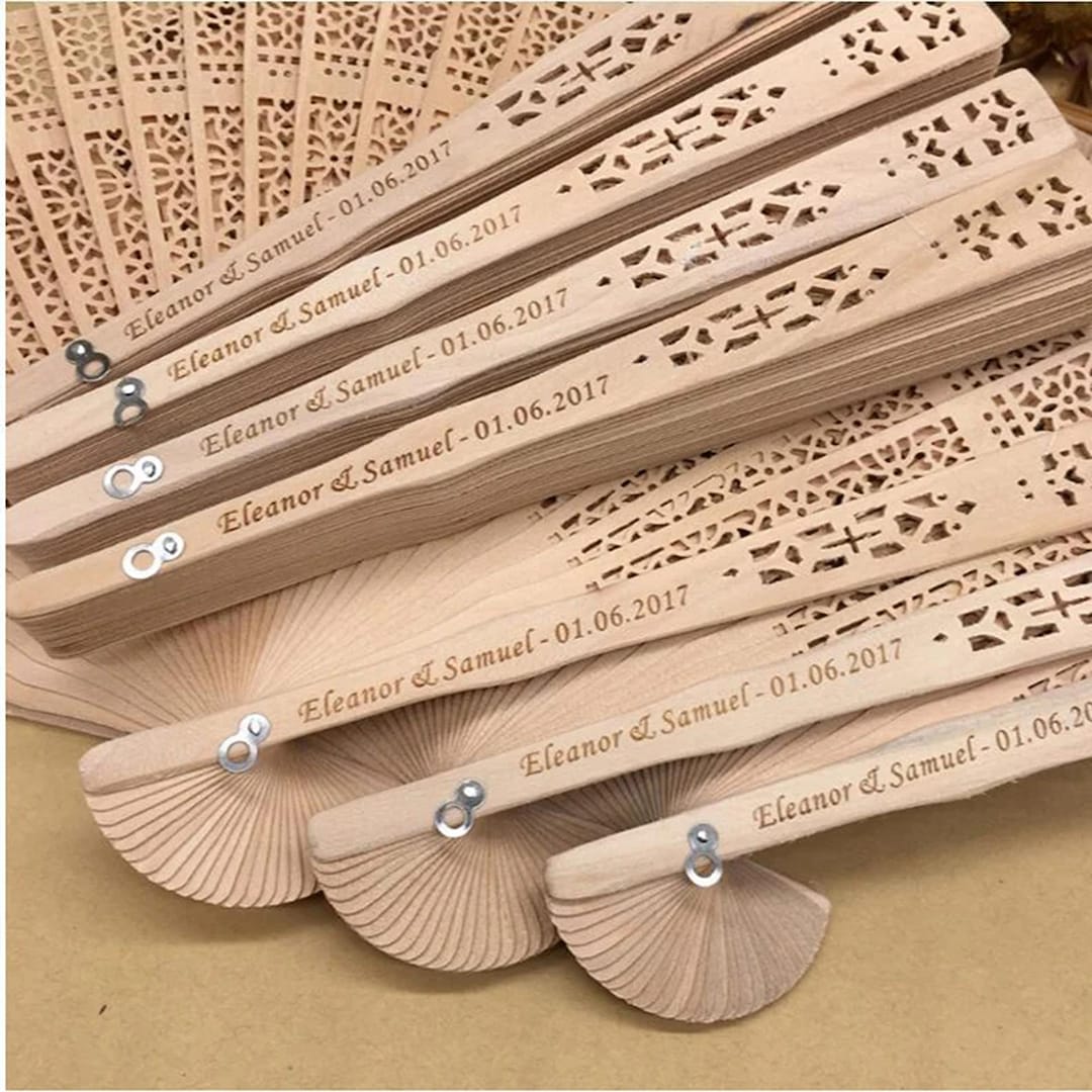 Rustic Hand Fan for Wedding, Engraved Sandalwood, Personalized Wooden ...