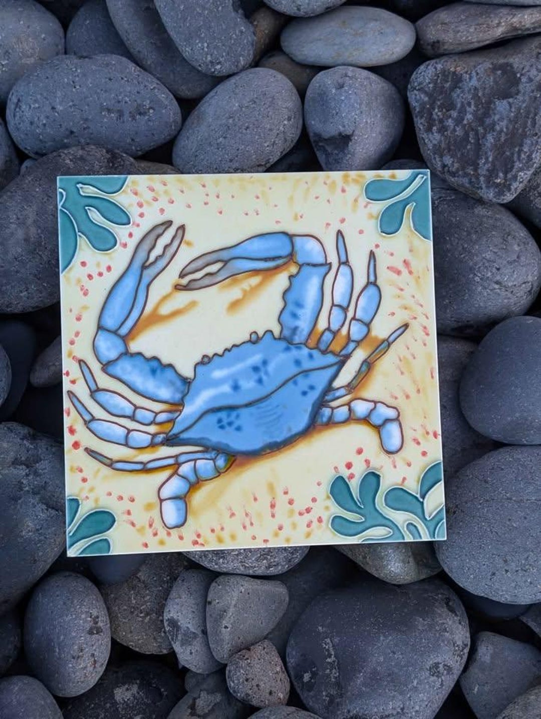 Hand Painted Ceramic Tile, 3D Blue Crab, Ocean Sand Decor (8x8) - Etsy