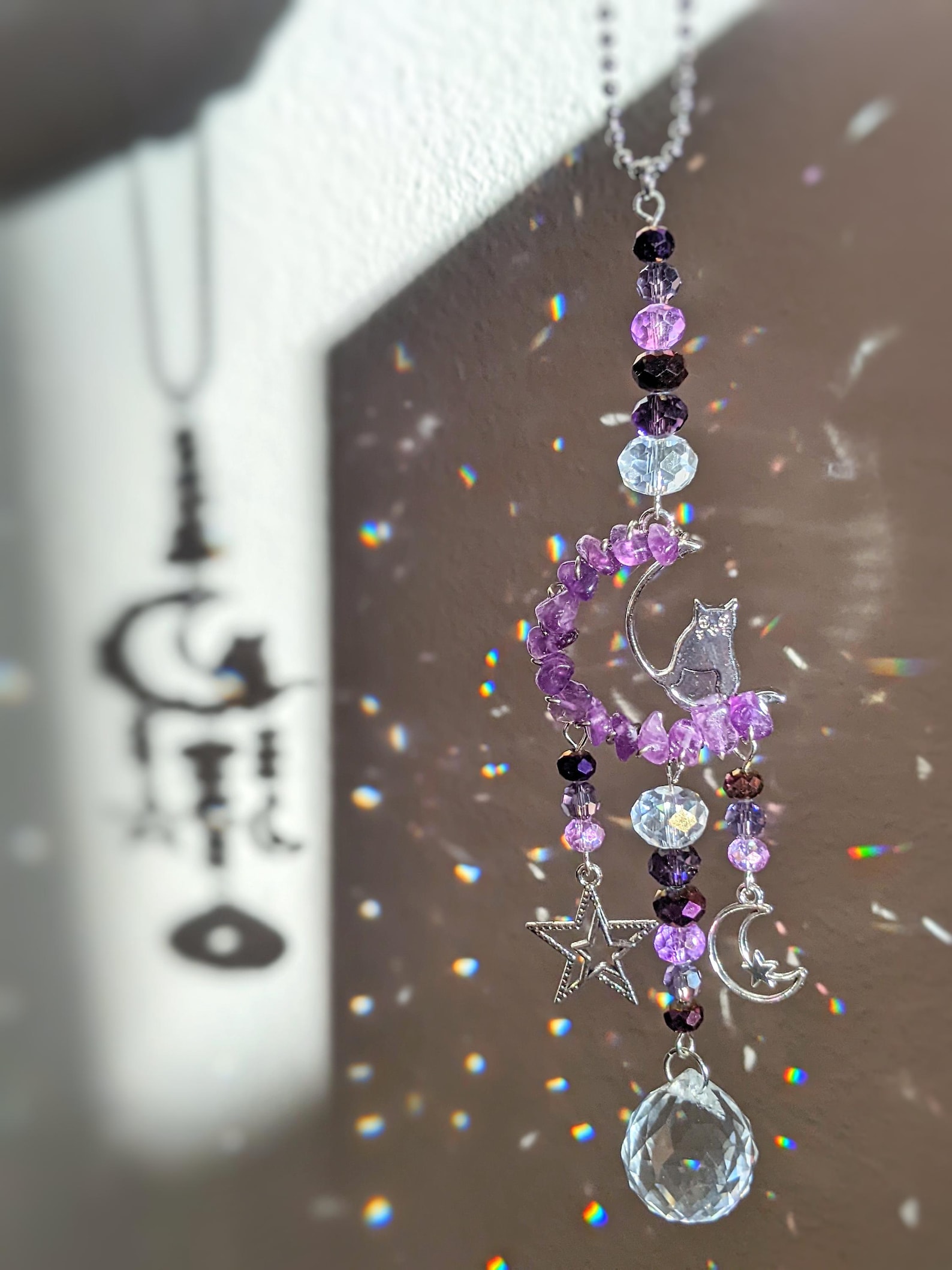 Cat Moon Amethyst Suncatcher Cat Home Decor Crescent Moon Suncatcher ...