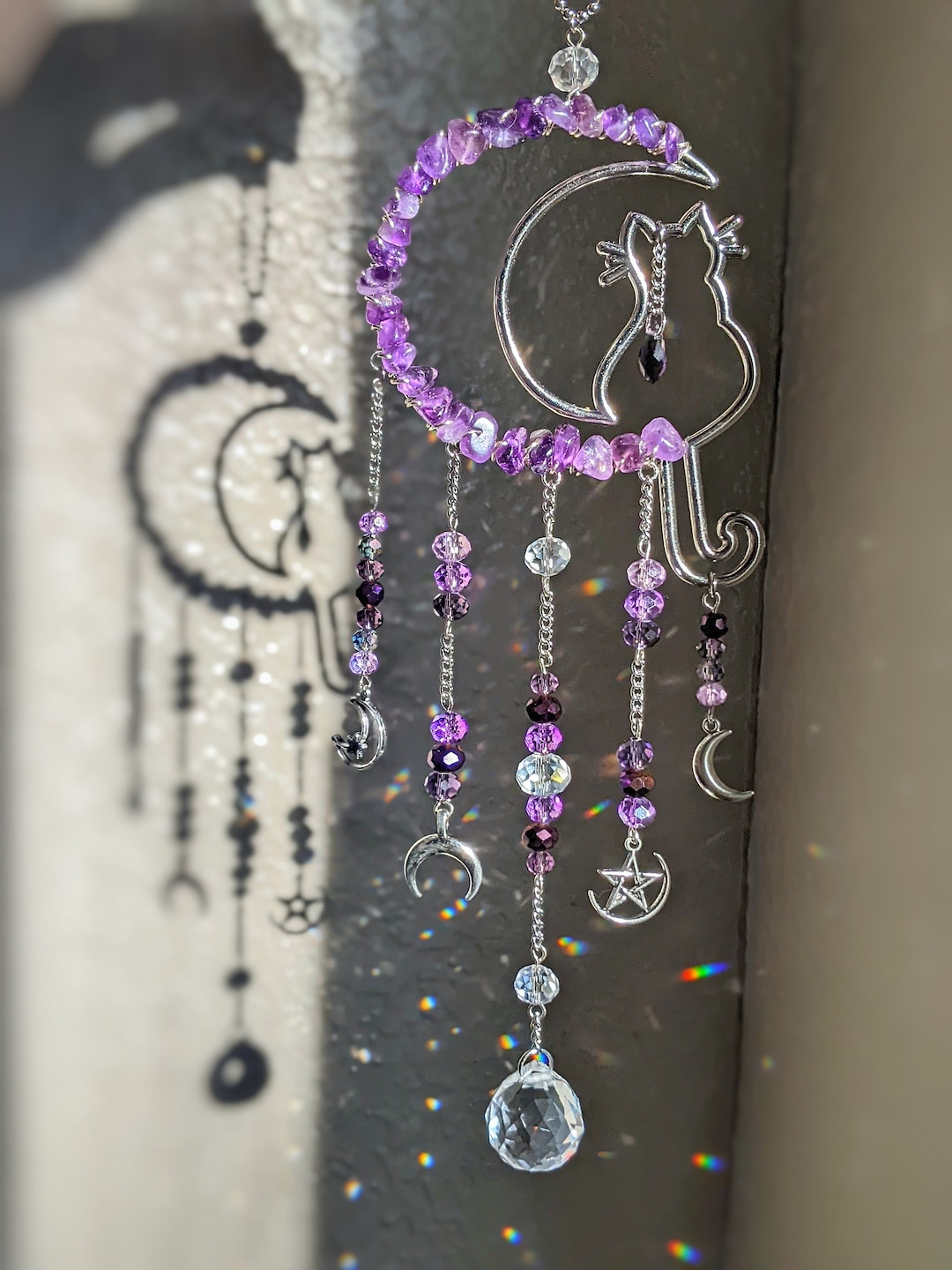 Cat Moon Amethyst Suncatcher Cat Home Decor Crescent Moon Suncatcher ...