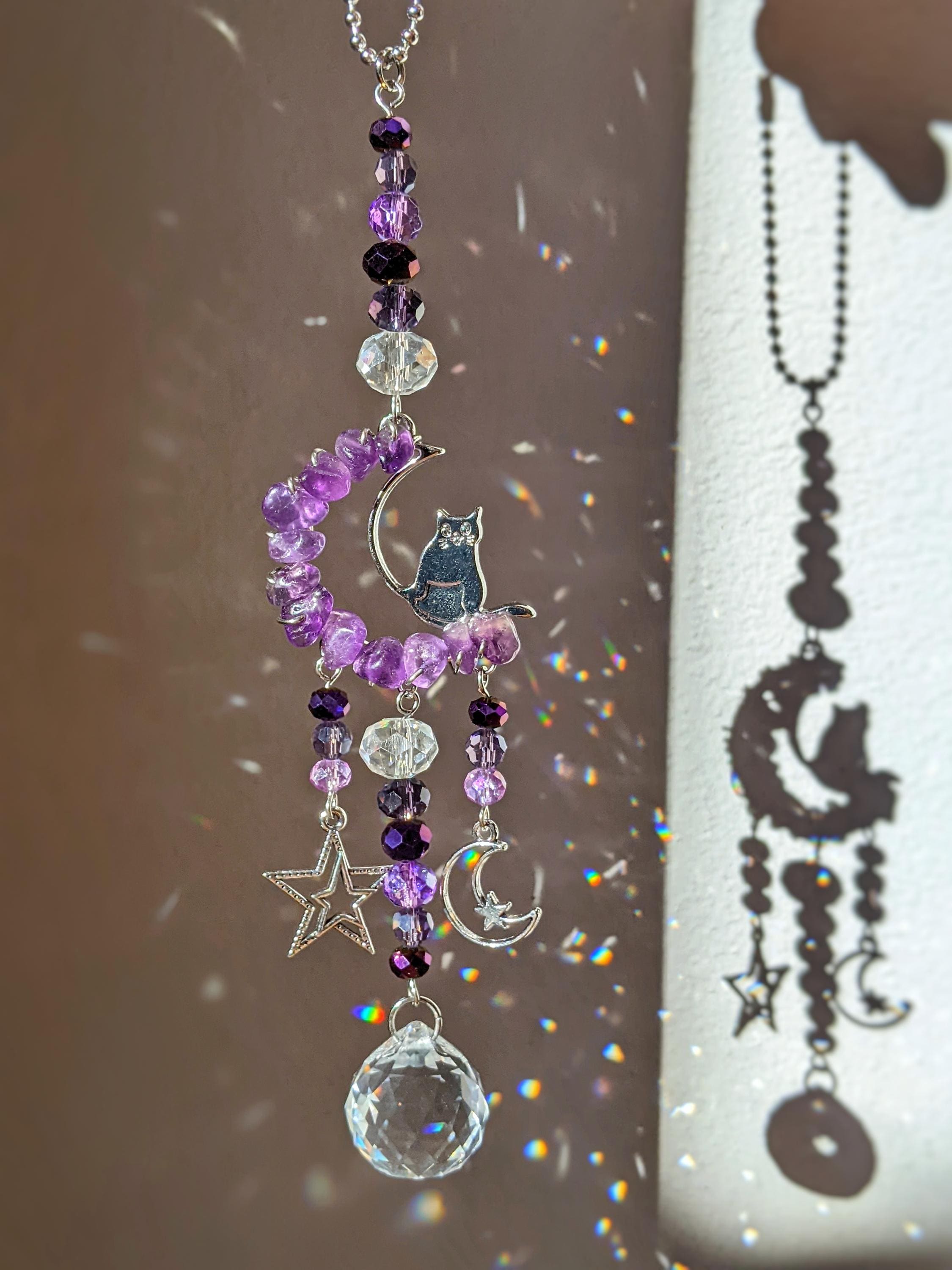 Cat Moon Amethyst Suncatcher Cat Home Decor Crescent Moon Suncatcher ...