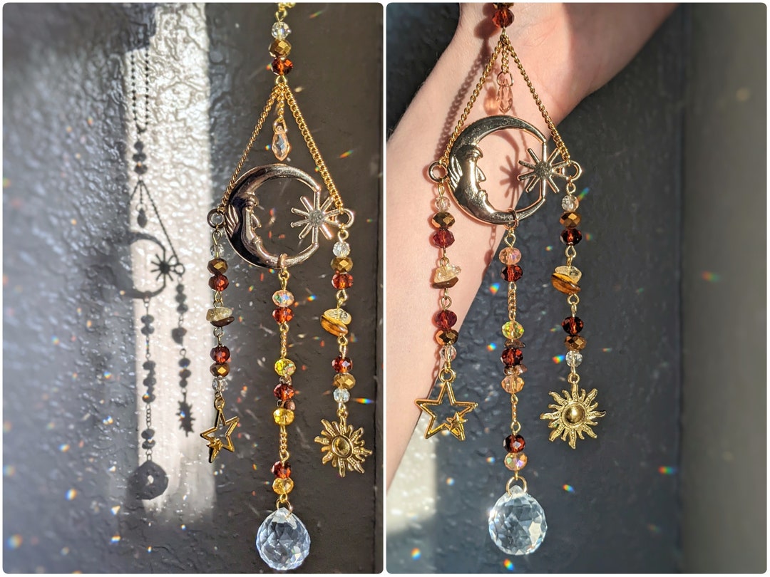 Crescent Moon Goddess Suncatcher Citrine Car Decor Celestial Moon Sun ...