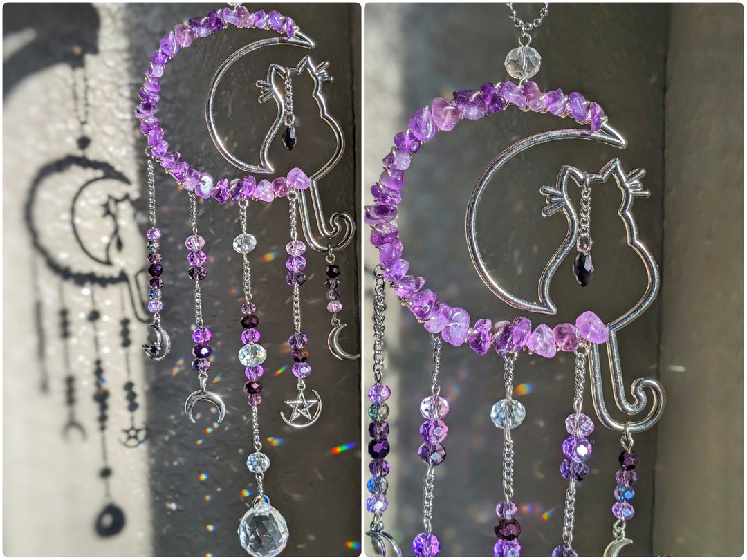 Cat Moon Amethyst Suncatcher Cat Home Decor Crescent Moon Suncatcher ...