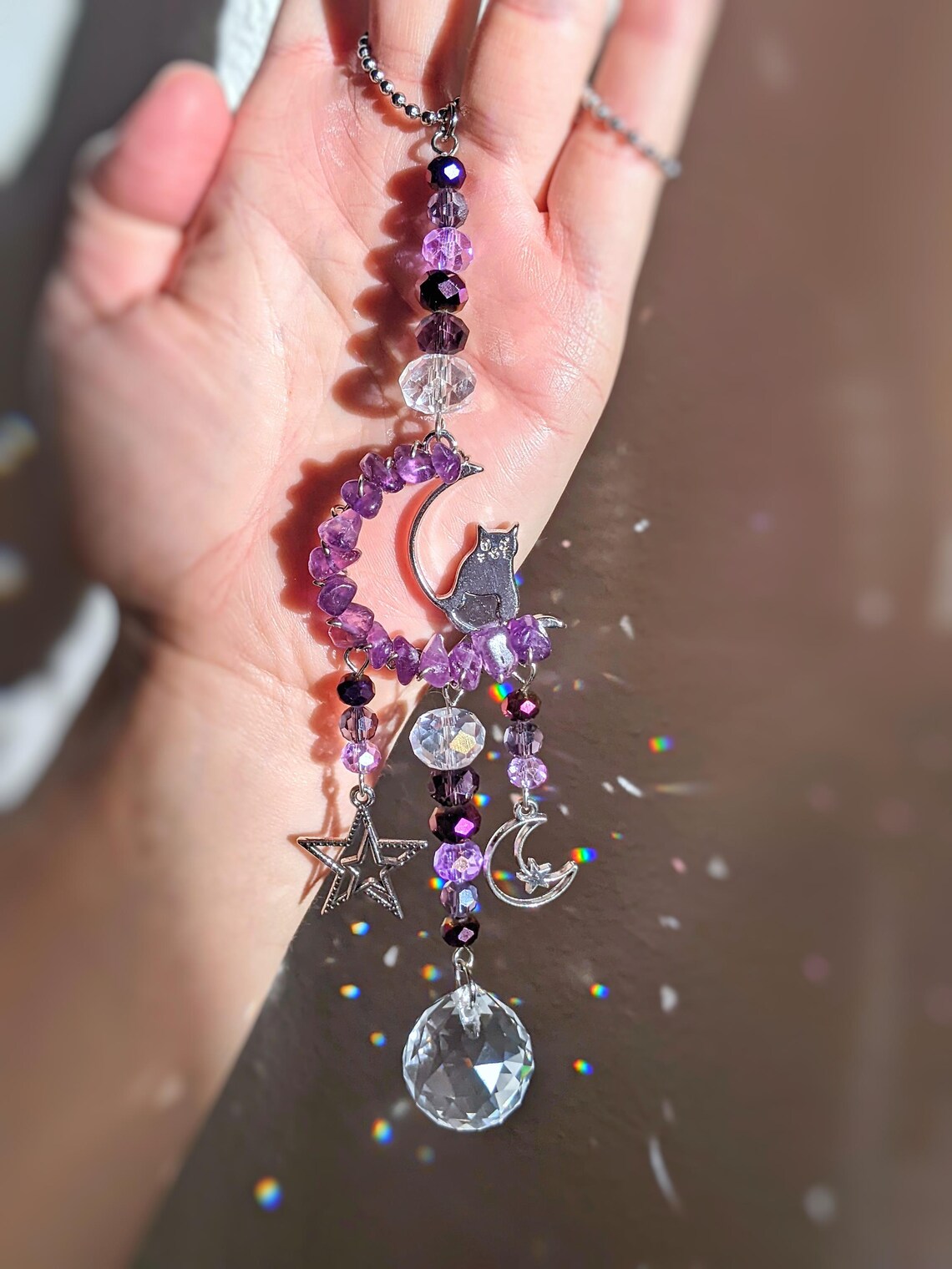 Cat Moon Amethyst Suncatcher Cat Home Decor Crescent Moon Suncatcher ...