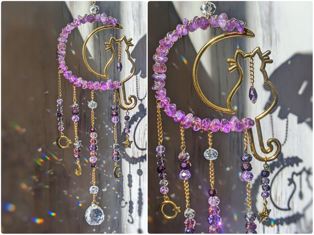 Cat Moon Amethyst Suncatcher Cat Home Decor Crescent Moon Suncatcher ...