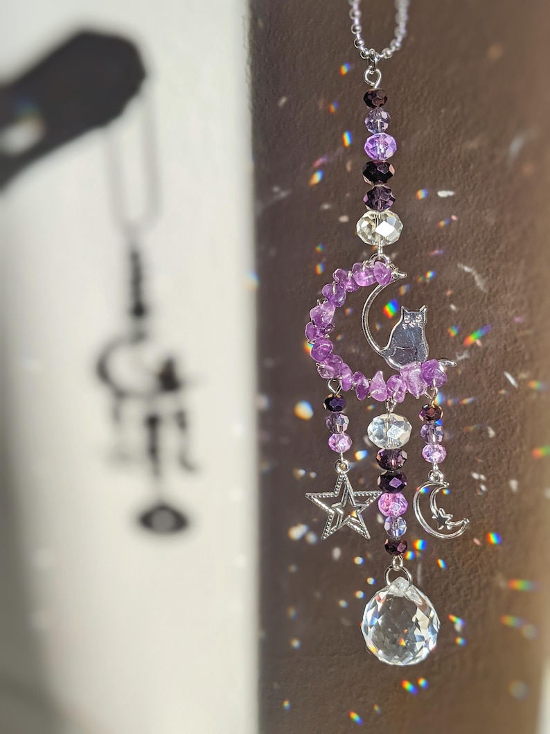 Cat Moon Amethyst Suncatcher Cat Home Decor Crescent Moon Suncatcher ...