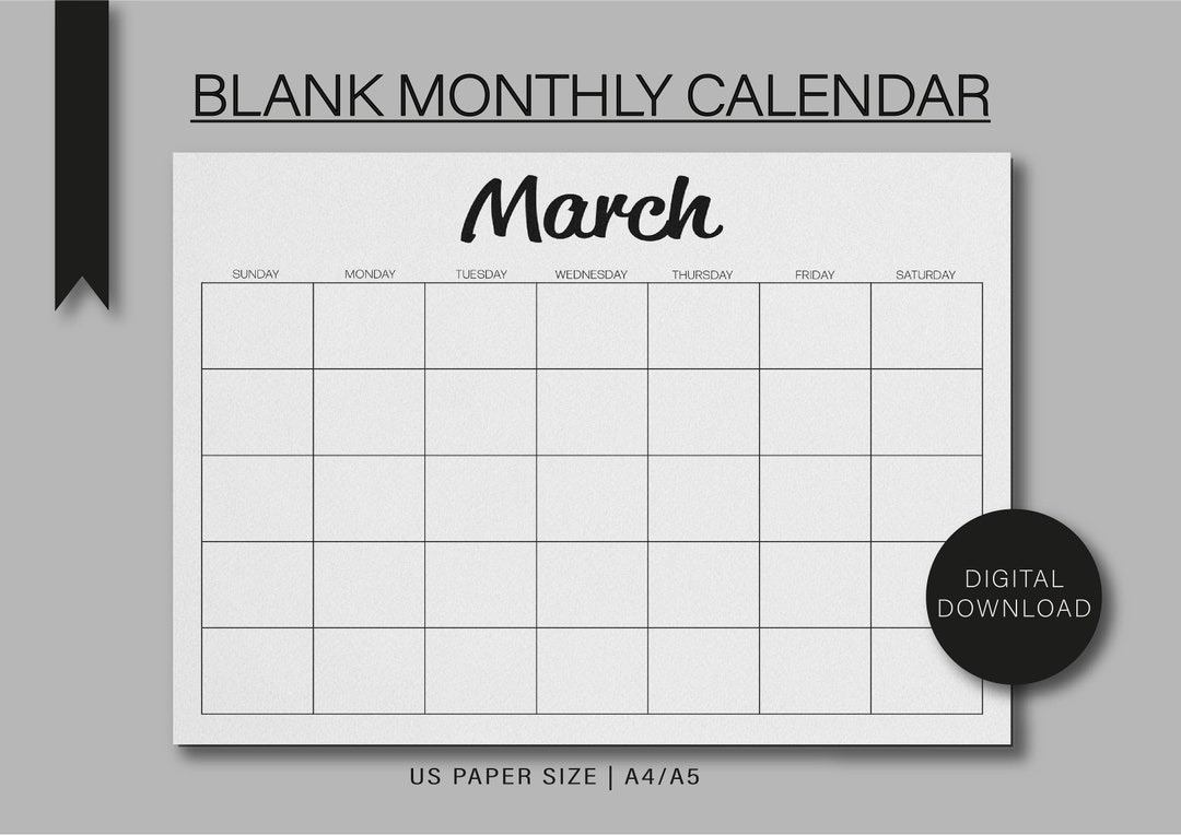 Monthly Blank Calendar- Undated, Simple Minimalist, Digital Download ...