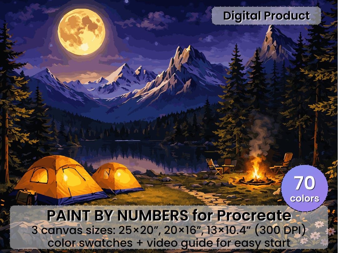 Moonlit Camping Paint by Number for Procreate, Cozy Campfire (digital ...