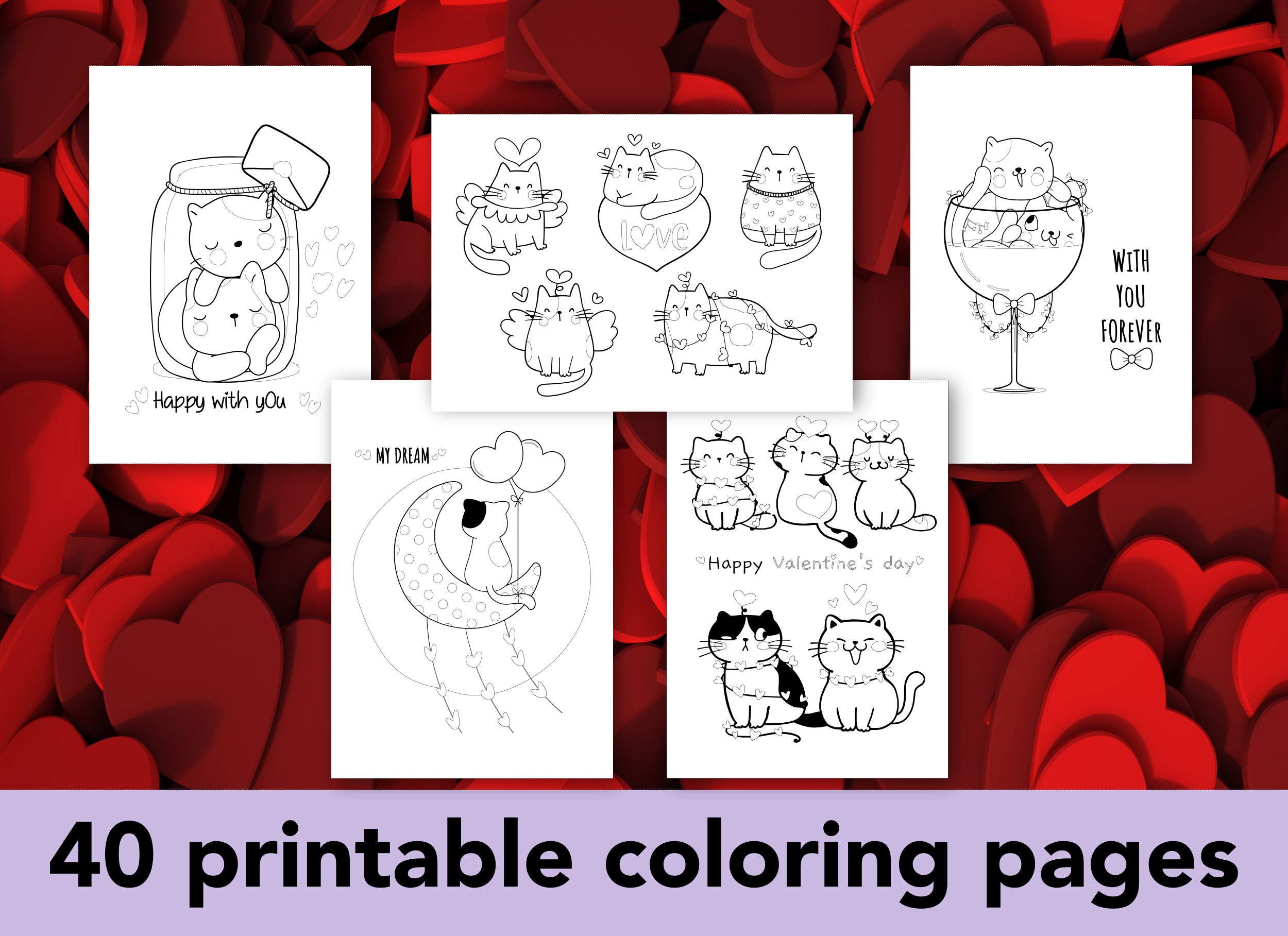 Printable Valentine's Day Coloring Book: Valentine's Cats Coloring ...