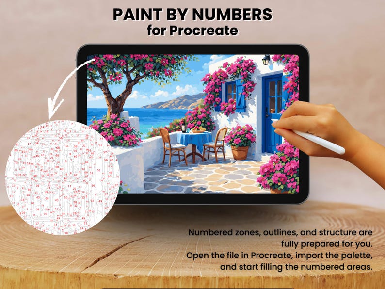 Mediterranean Terrace Color by Number for Procreate, Coastal Cafe Paint ...