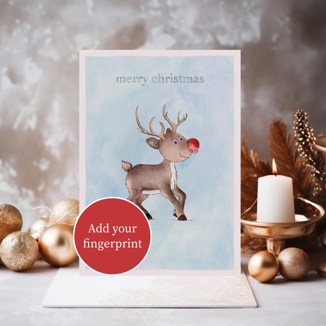 Fingerprint Reindeer Christmas Card Printable Homemade Rudolph ...