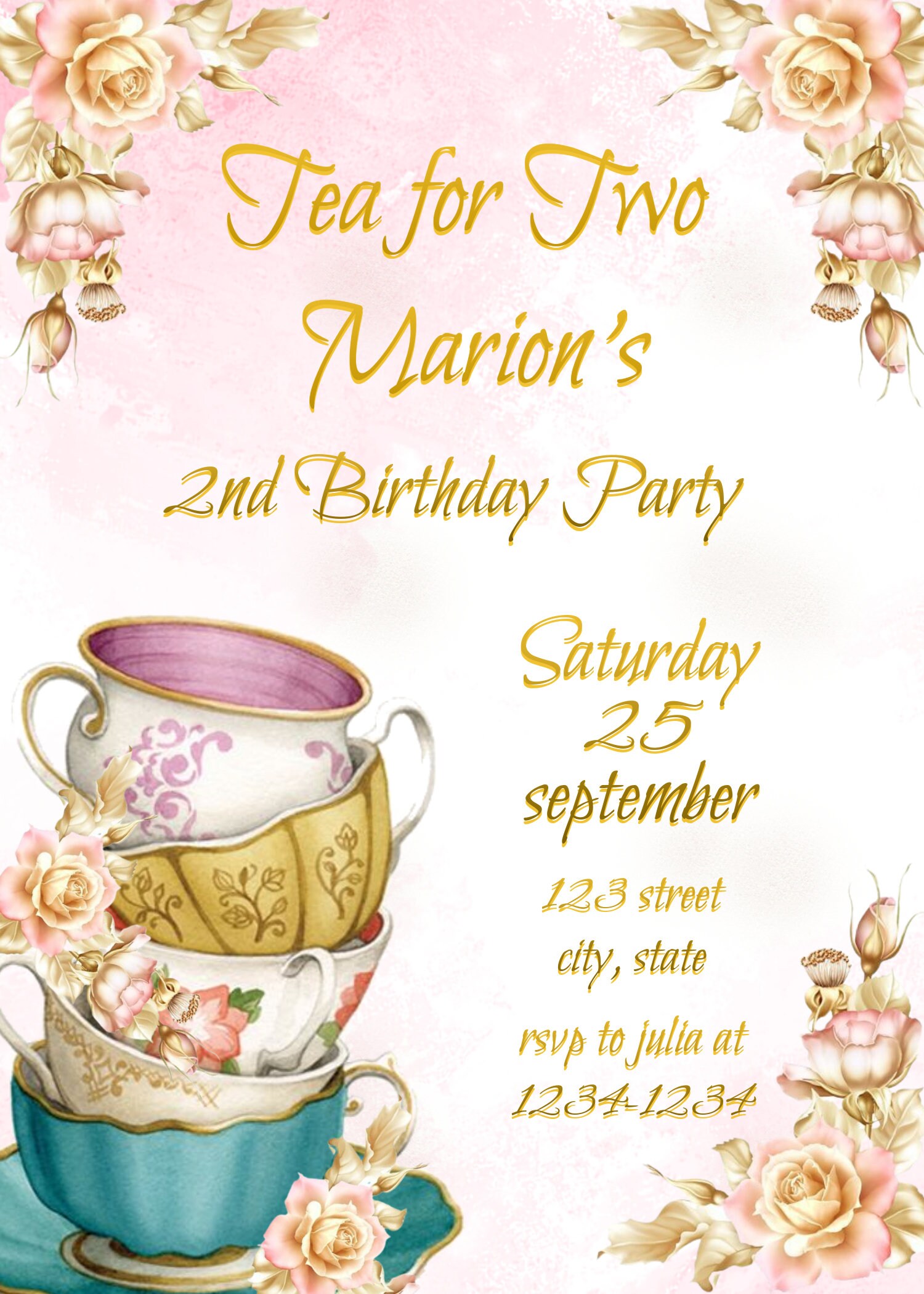 Tea Party Invitation, Tea Birthday Invitation Tea Party ,tea for Two ...