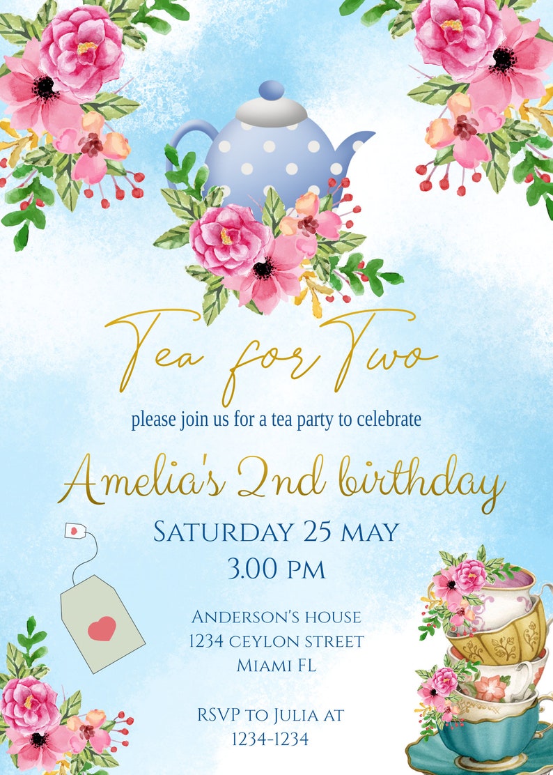 Tea Party Invitation, Tea Birthday Invitation Tea for Two Party , Tea ...