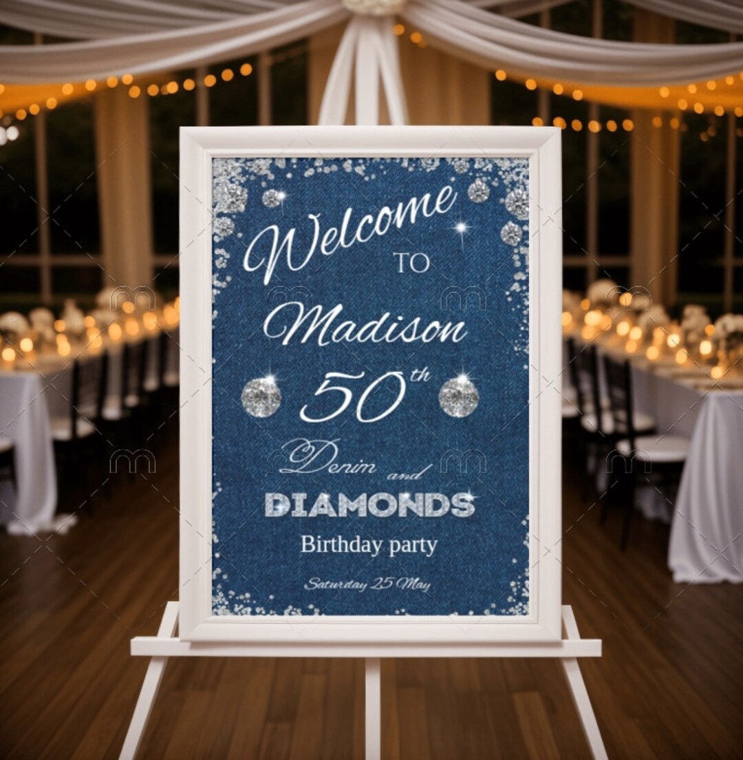 Denim and Diamonds Welcome Sign for Any Age, Editable Denim and ...