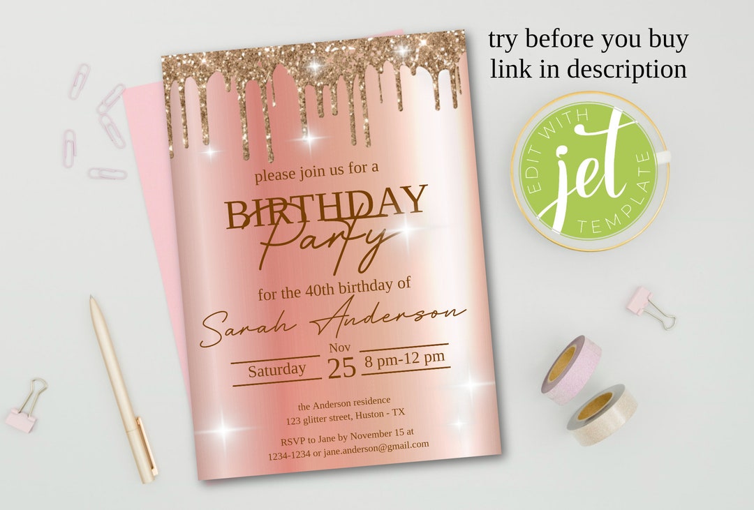 Glitter Rose Gold Invitation for Any Age, Editable Rose Gold Birthday ...