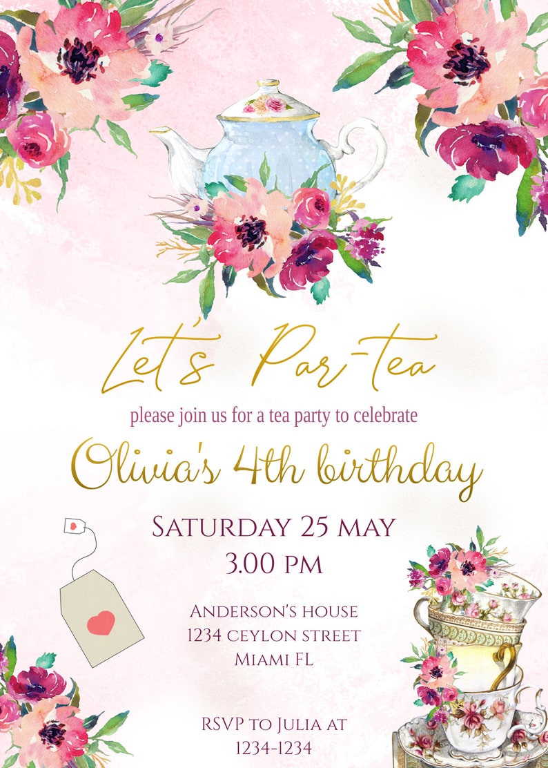 Tea Party Invitation, ,tea Invitation for Any Age , Let's Par-tea ...