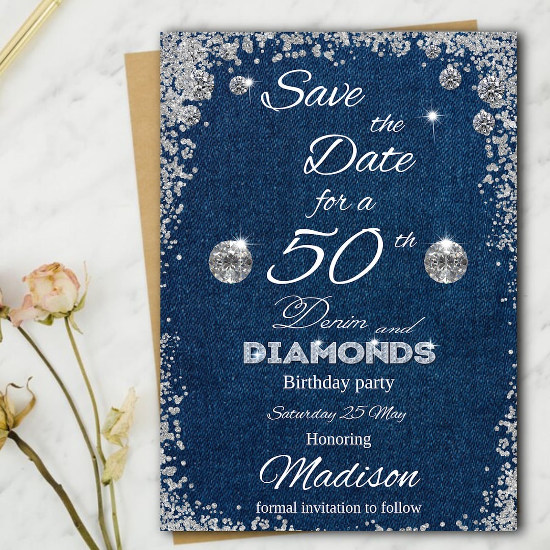 Denim and Diamond- Save the Date for Any Age Birthday Party, Editable ...