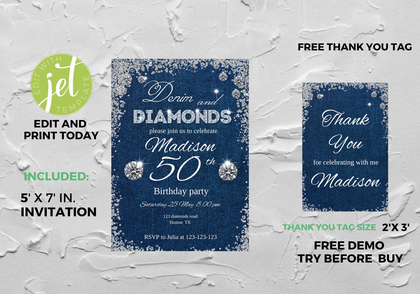 Denim and Diamonds Invitation for Any Age, Editable Denim and Diamonds ...