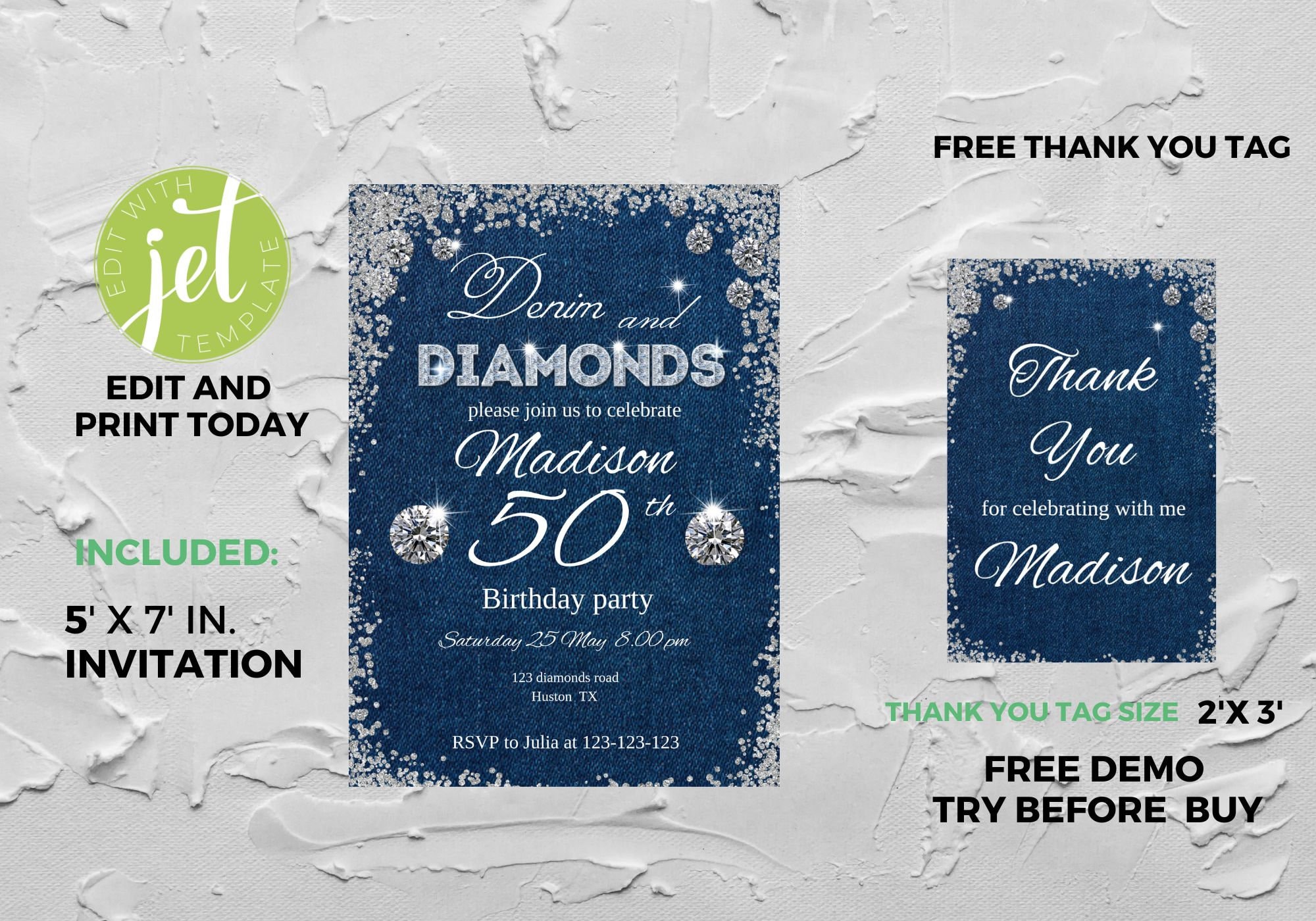 Denim and Diamonds Invitation for Any Age, Editable Denim and Diamonds ...